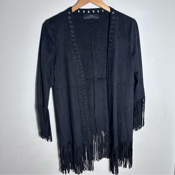 Zara | Jackets & Coats | Zara Black Fringe Openfront Jacket With Eyelet ...